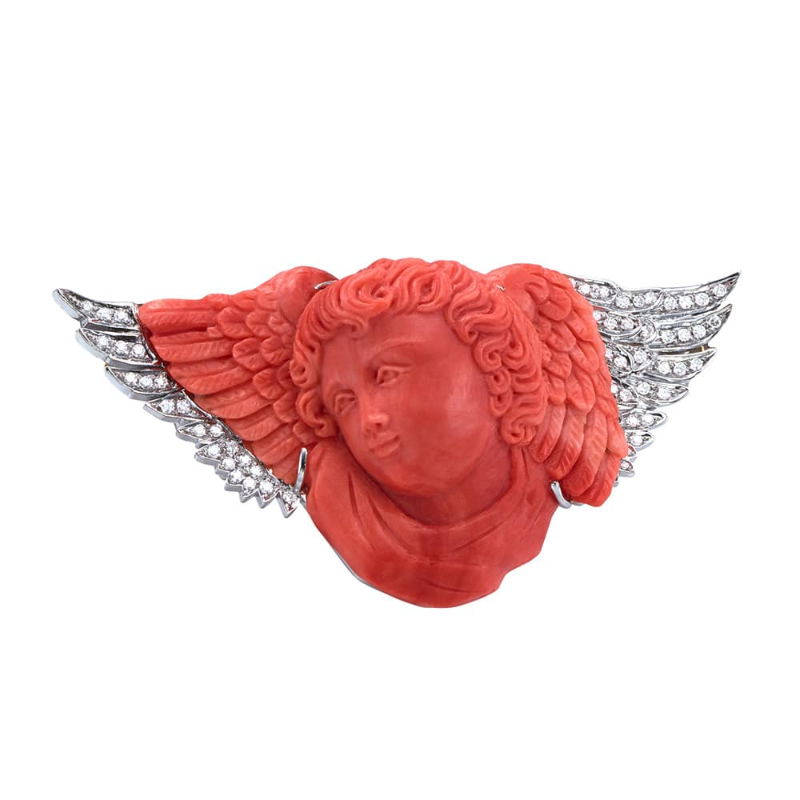 White Gold Coral and Diamond Angel Pin - 850-00005